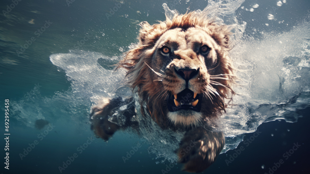 Lion jump into a water. Underwater photography. Animal dive into the ...
