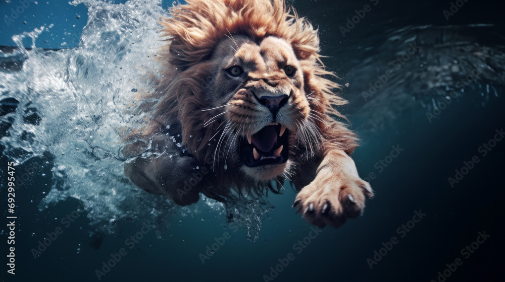 Lion jump into a water. Underwater photography. Animal dive into the ...