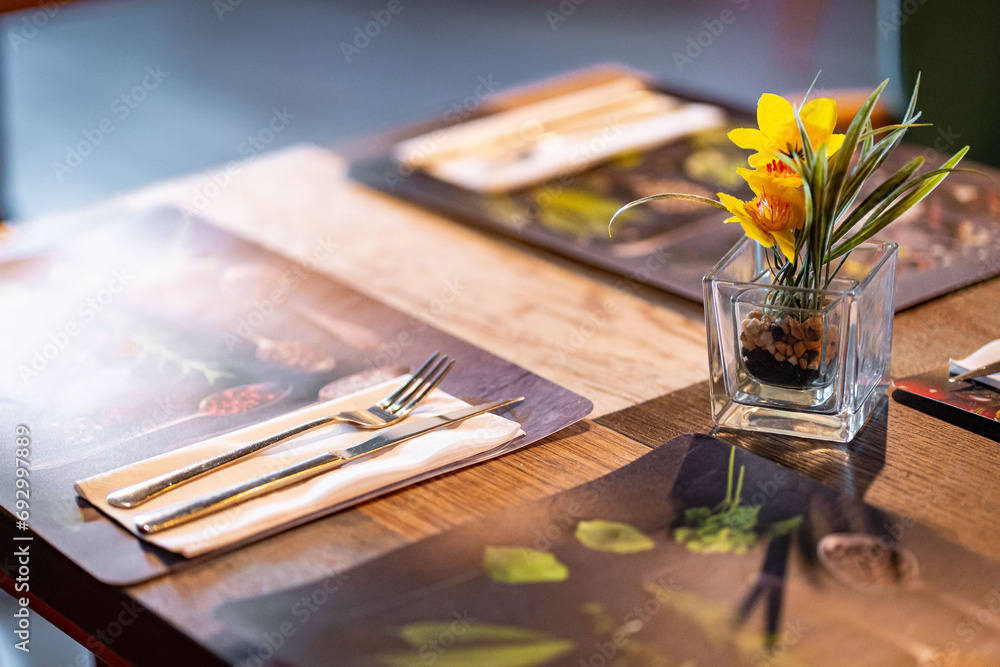 Sunny empty restaurant interior with no people tables sun restaurant ...