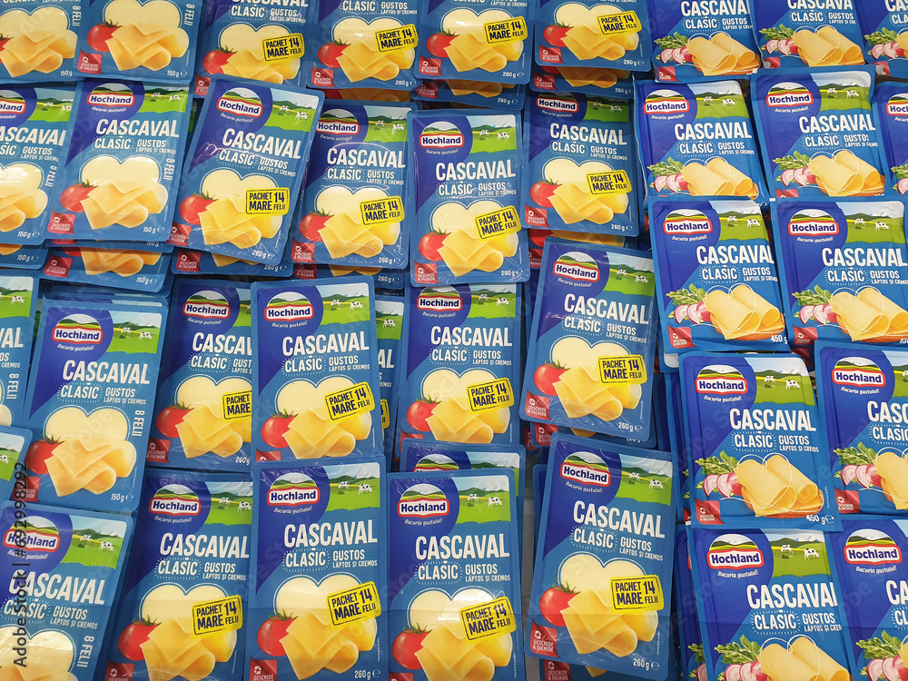 BUCHAREST, ROMANIA - DECEMBER 14, 2023. Cascaval cheese made by ...