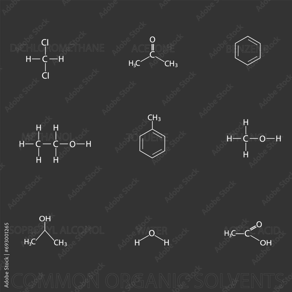 Common organic solvents molecular skeletal chemical formula Stock ...