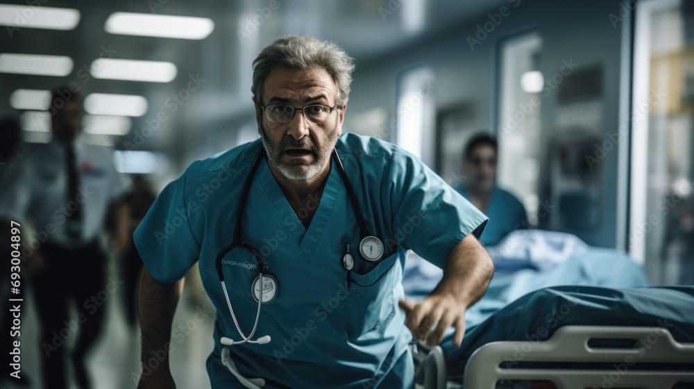 Team of Latin American doctors rushing a patient in a gurney at the ...