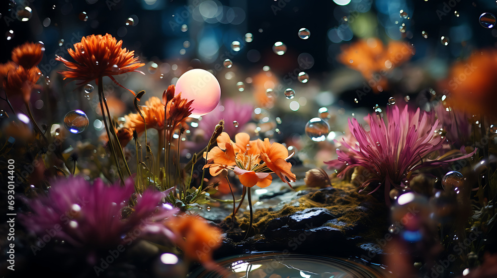 Galactic Garden, A surreal image of a garden floating in space, with ...