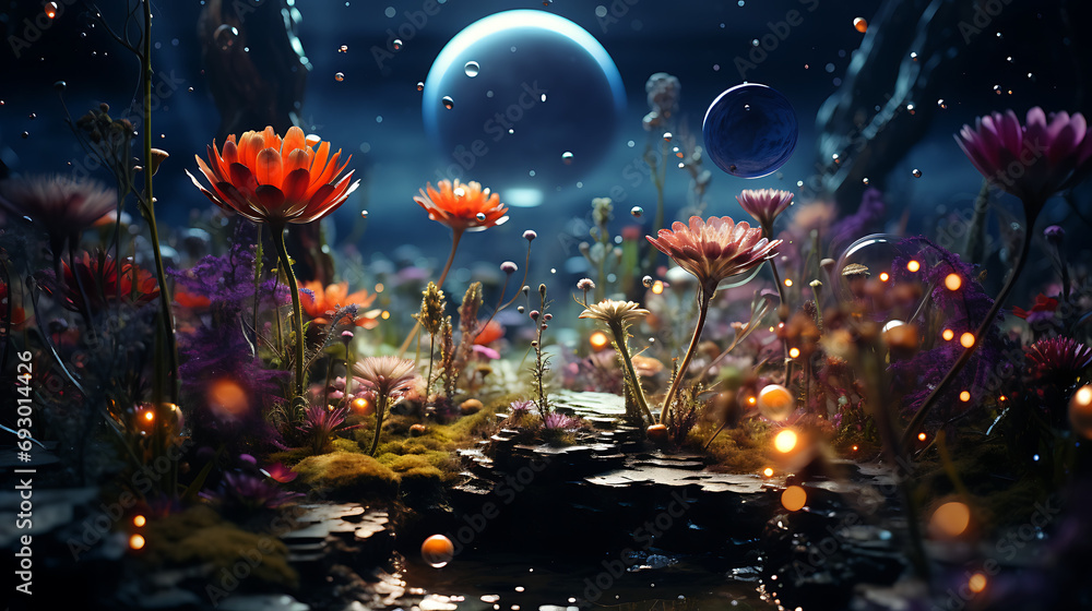 Galactic Garden, A surreal image of a garden floating in space, with ...