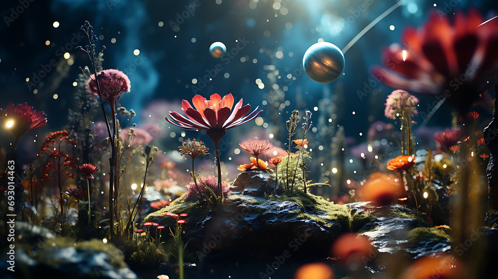 Galactic Garden, A surreal image of a garden floating in space, with ...