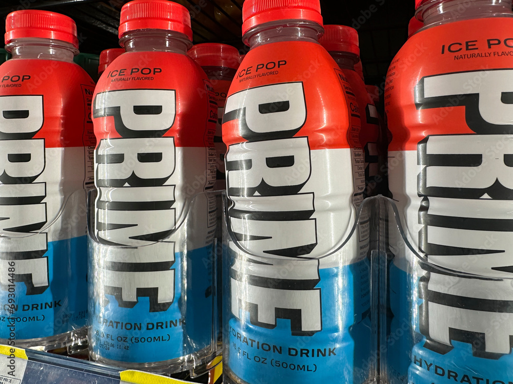 Prime hydration energy drinks for sale at a supermarket. Ice pop flavor ...