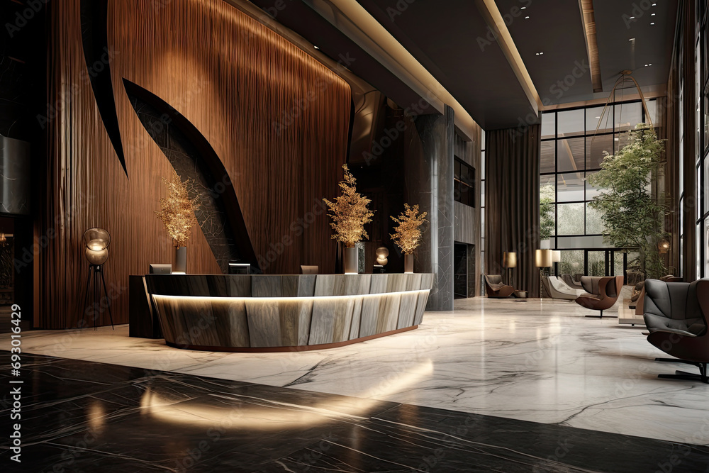 Interior of luxury hotel lobby zone with reception desk and relax zone ...