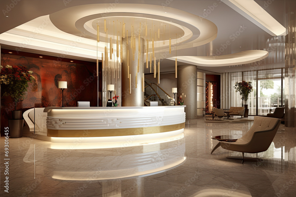 Interior of luxury hotel lobby zone with reception desk and relax zone ...