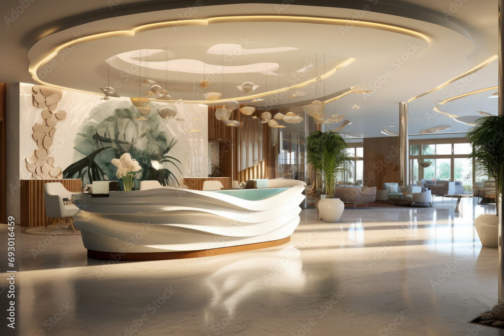 Interior of luxury hotel lobby zone with reception desk and relax zone ...
