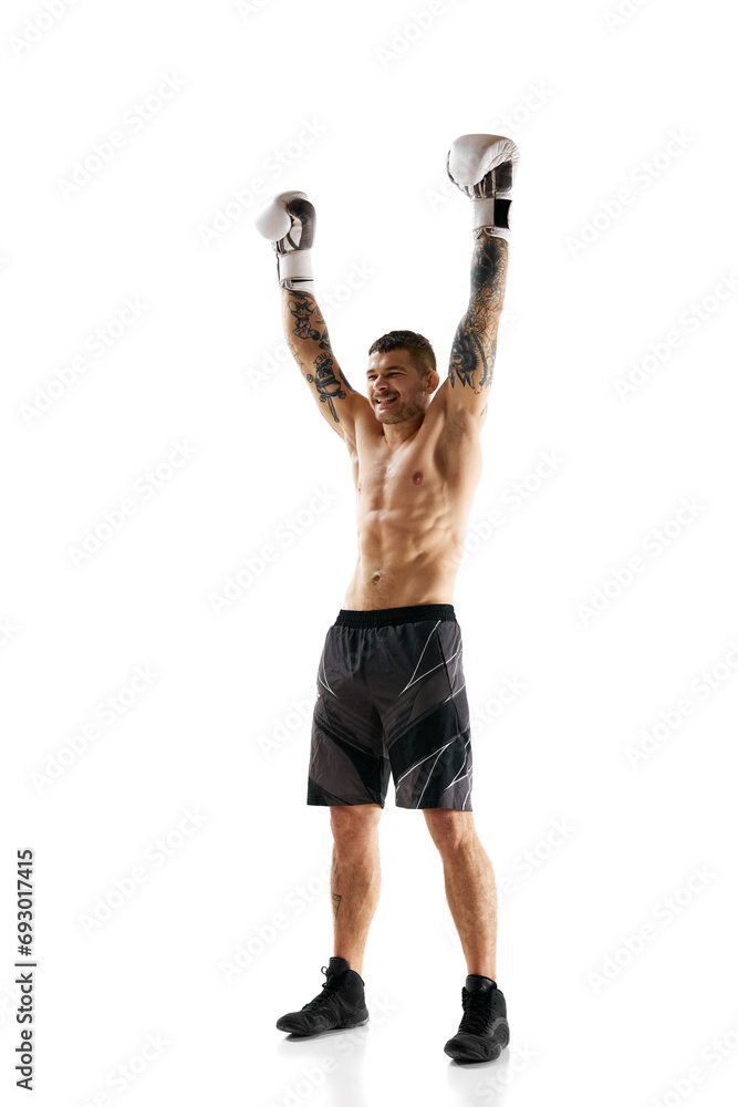 Winner, champion. Young shirtless man with muscular strong body, boxing ...