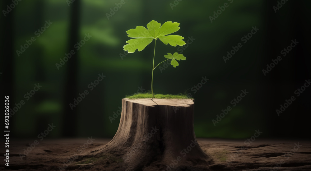 Dead tree stump and small green growing sprout seedling - symbolizing ...
