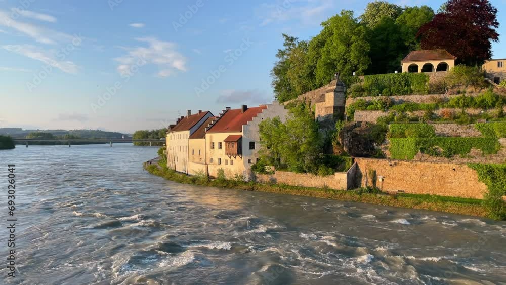 Inn river at the town of Schärding in Austria during a springtime ...