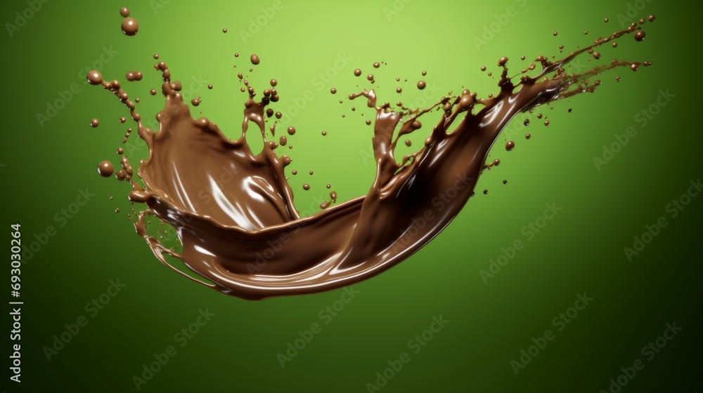Chocolate splash on green background. Chocolate milk splash and drops ...
