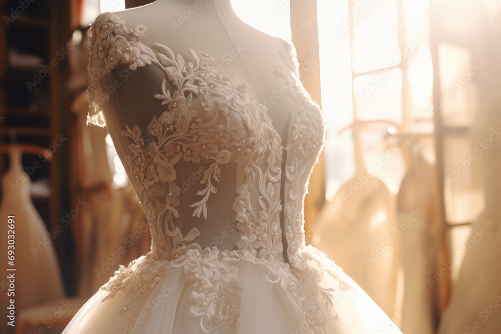 Exquisite bridal gowns on display in shop, featuring delicate lace and ...