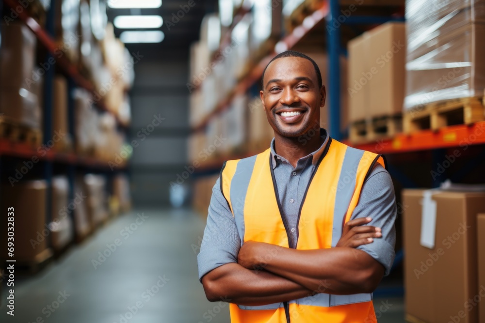 Beaming logistics employee, clad in uniform, poses proudly amid rows of ...