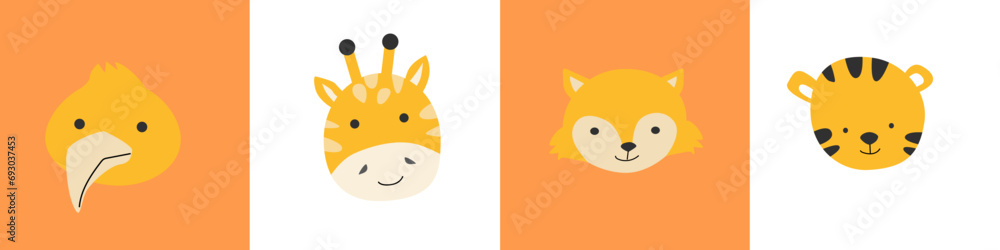 tropical and forest cute simple animal faces backgrounds. Vector ...