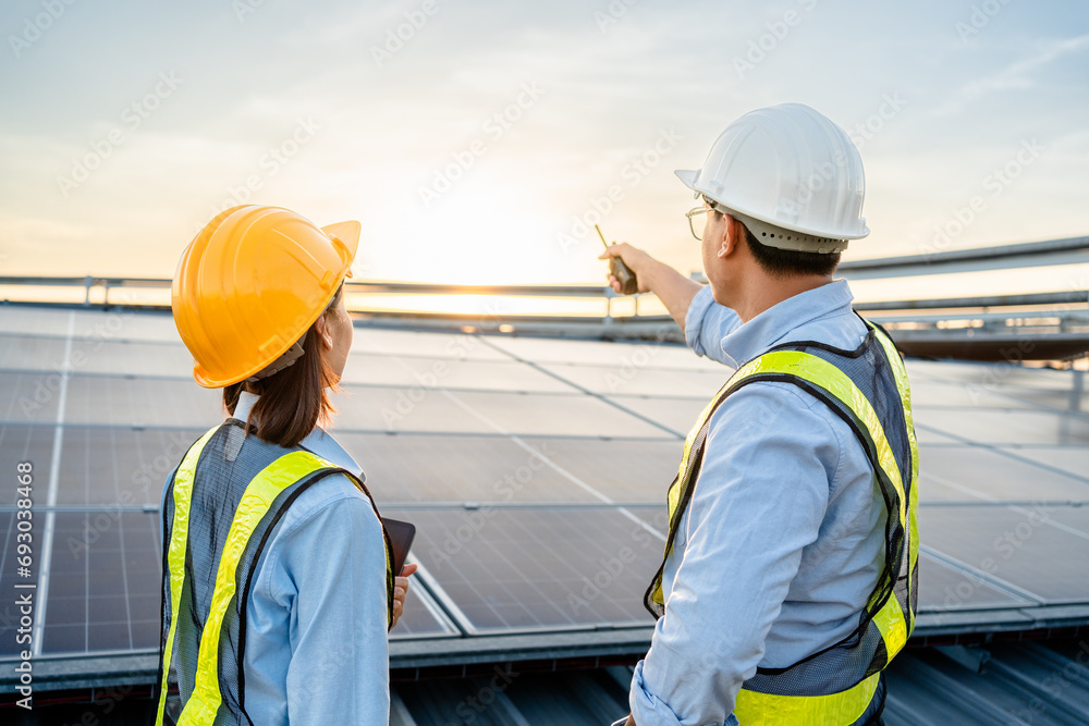 Multiracial electrical engineers working together use laptops to inspect the installation and ...