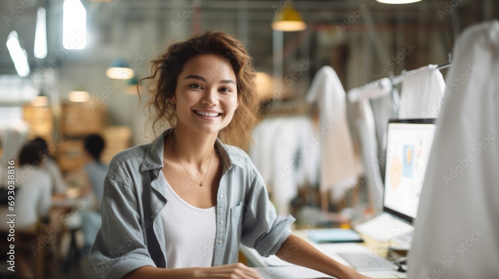 attrractive female woman fashion designer portrait shot look at camera ...