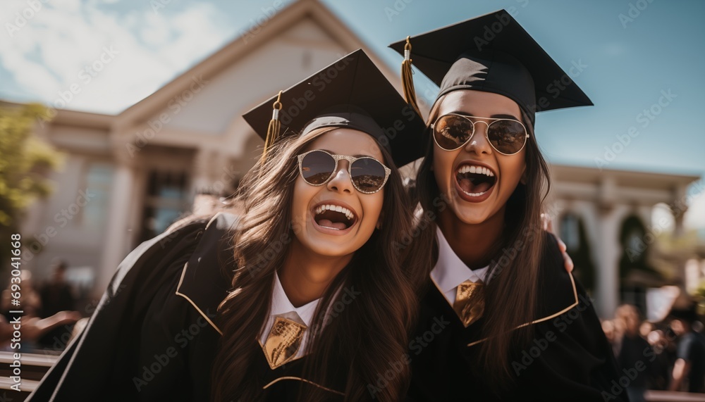 Two happy graduation college or university students in graduate caps ...