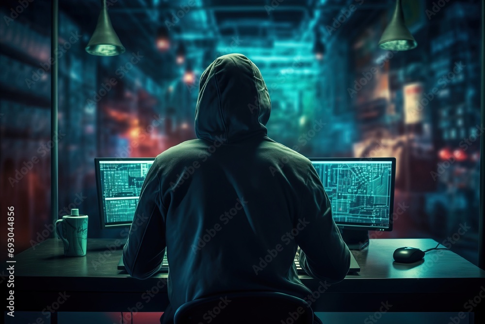 Cybercriminal sits behind computer hacking system engages in illegal activities Stock-Foto ...