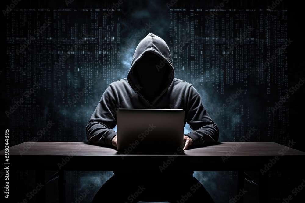 Cybercriminal sits behind computer hacking system engages in illegal activities Stock Photo ...