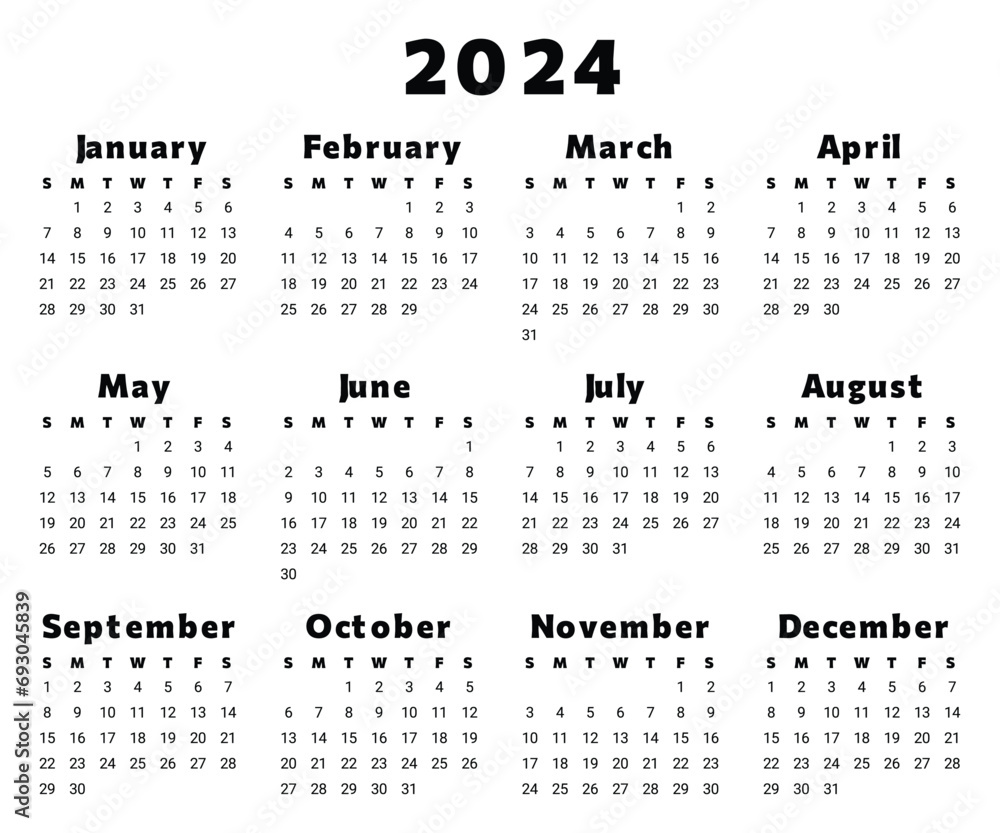 2024 year ENGLISH calendar in black color. Printable vector ...