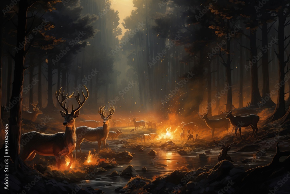 Devastating Forest Fire Engulfing Wildlife Habitat Animals Fleeing for ...