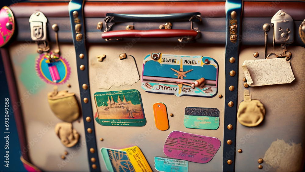 Detalhe de uma mala antiga de viagem com várias etiquetas coladas ...