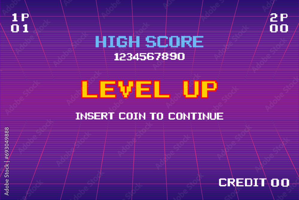 LEVEL UP INSERT A COIN TO CONTINUE .pixel art .8 bit game. retro game ...
