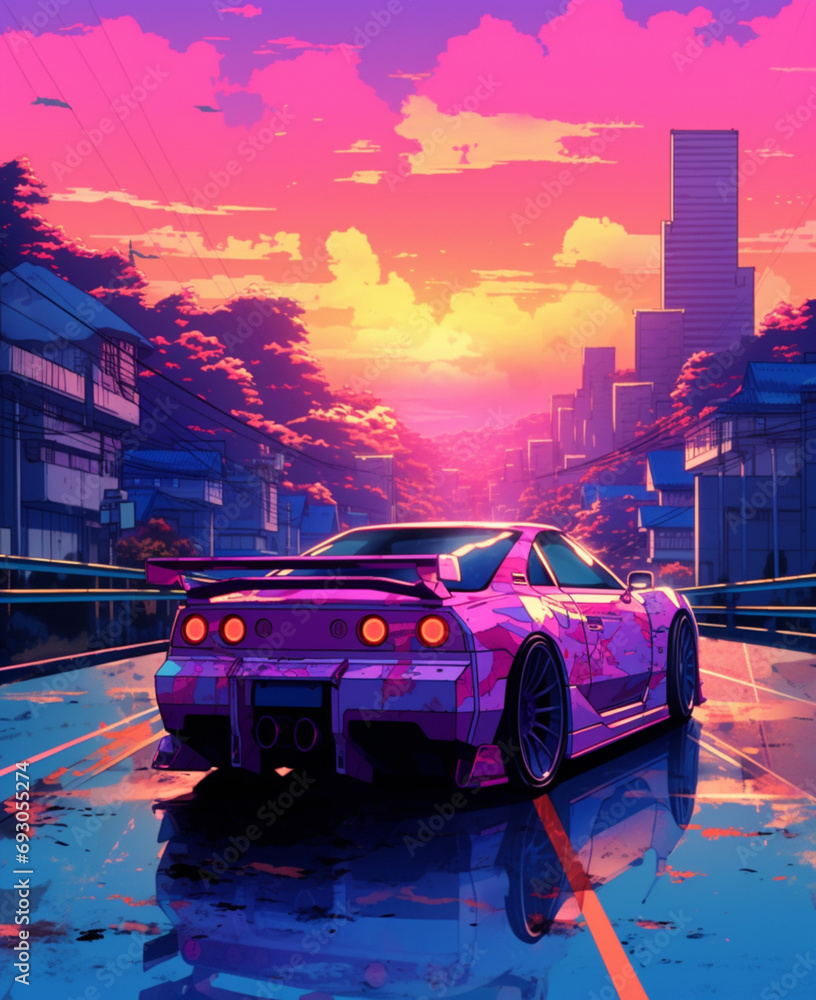 Experience the vibrancy of a neon-lit sports car in a vaporwave style ...