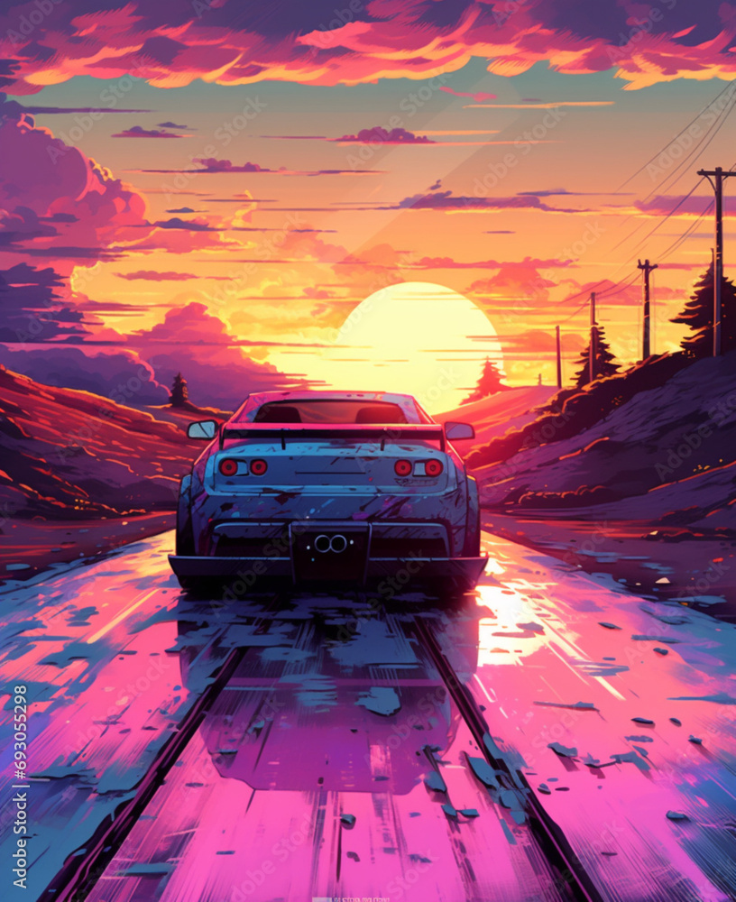 Experience the vibrancy of a neon-lit sports car in a vaporwave style ...