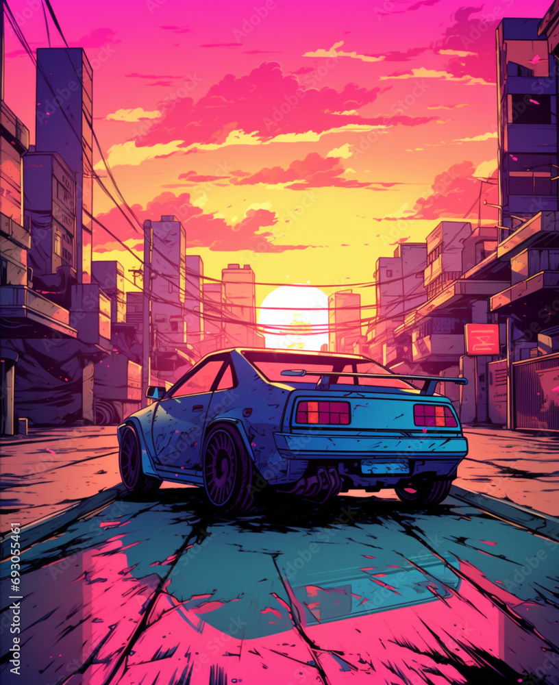 Experience the vibrancy of a neon-lit sports car in a vaporwave style ...