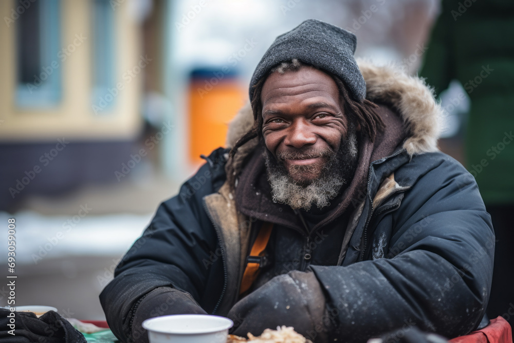 Portrait of smiling old African American homeless man sitting on street. Poverty, misery ...