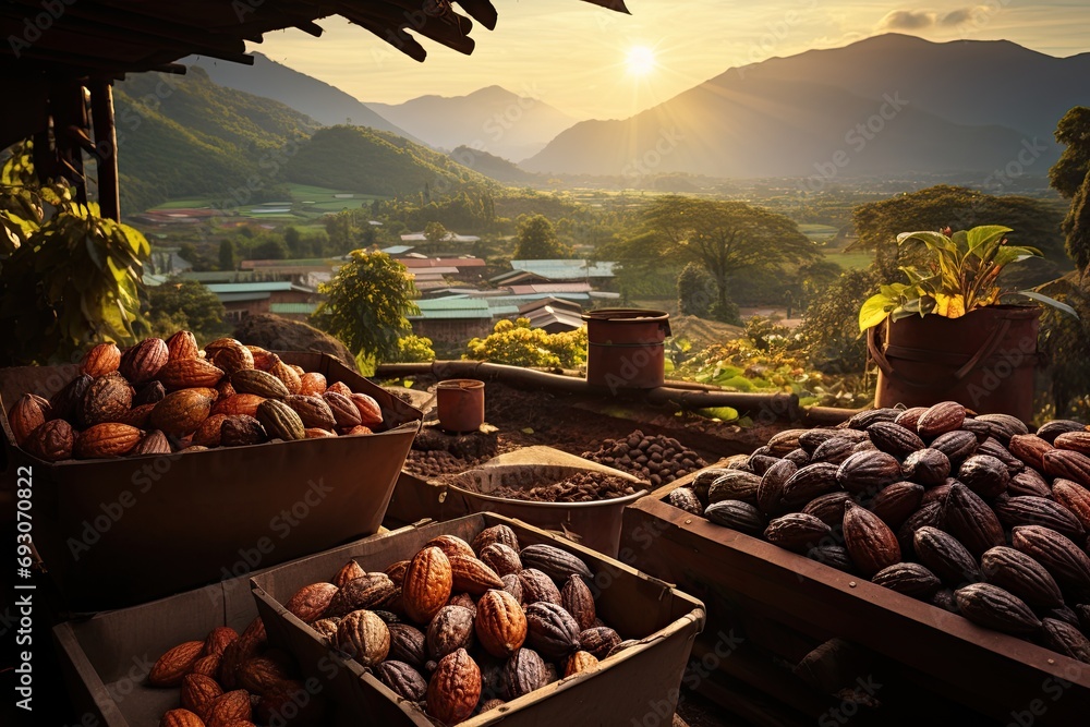 Scenic shot of a chocolate farm with cocoa trees and harvesting ...