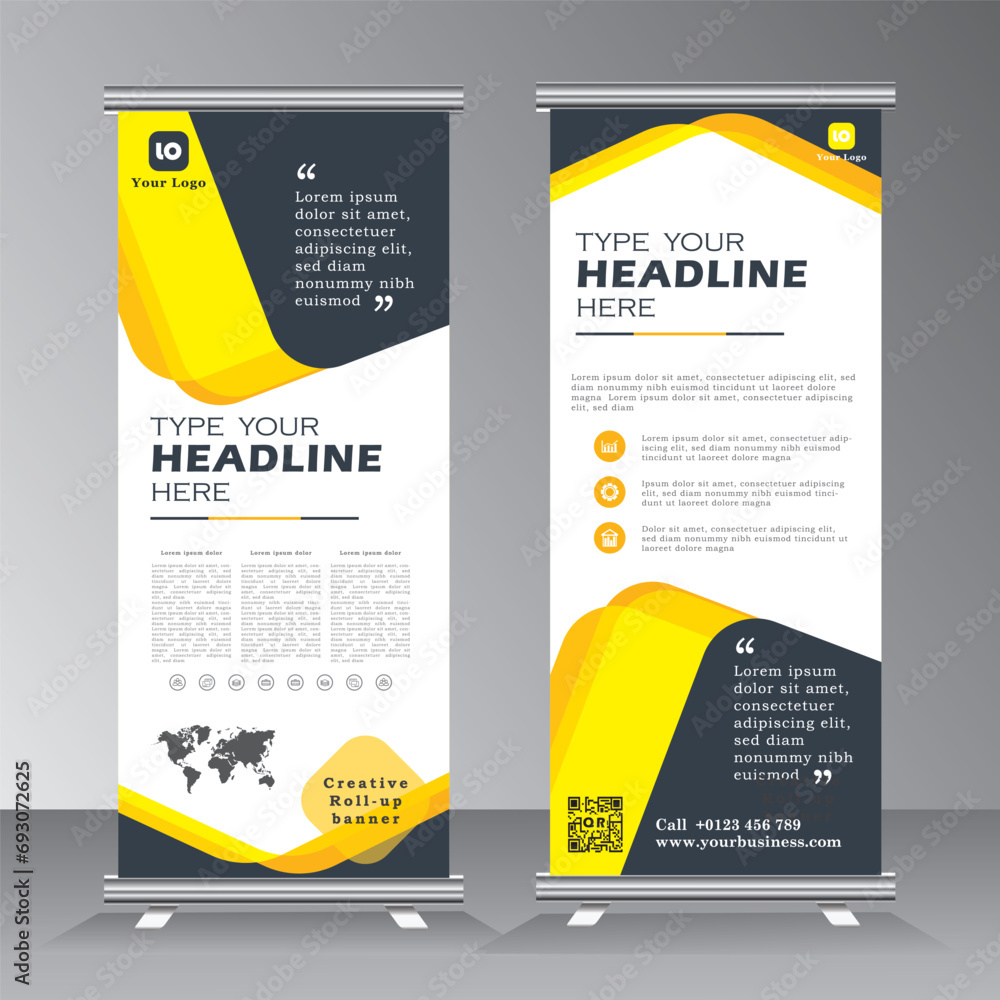 Roll up banner design, yellow color roll up banner template, X-banner ...
