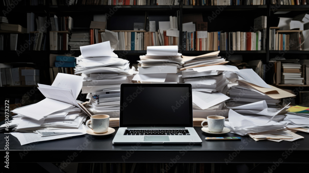 Foto de Laptop sits on a desk surrounded by towering stacks of papers ...