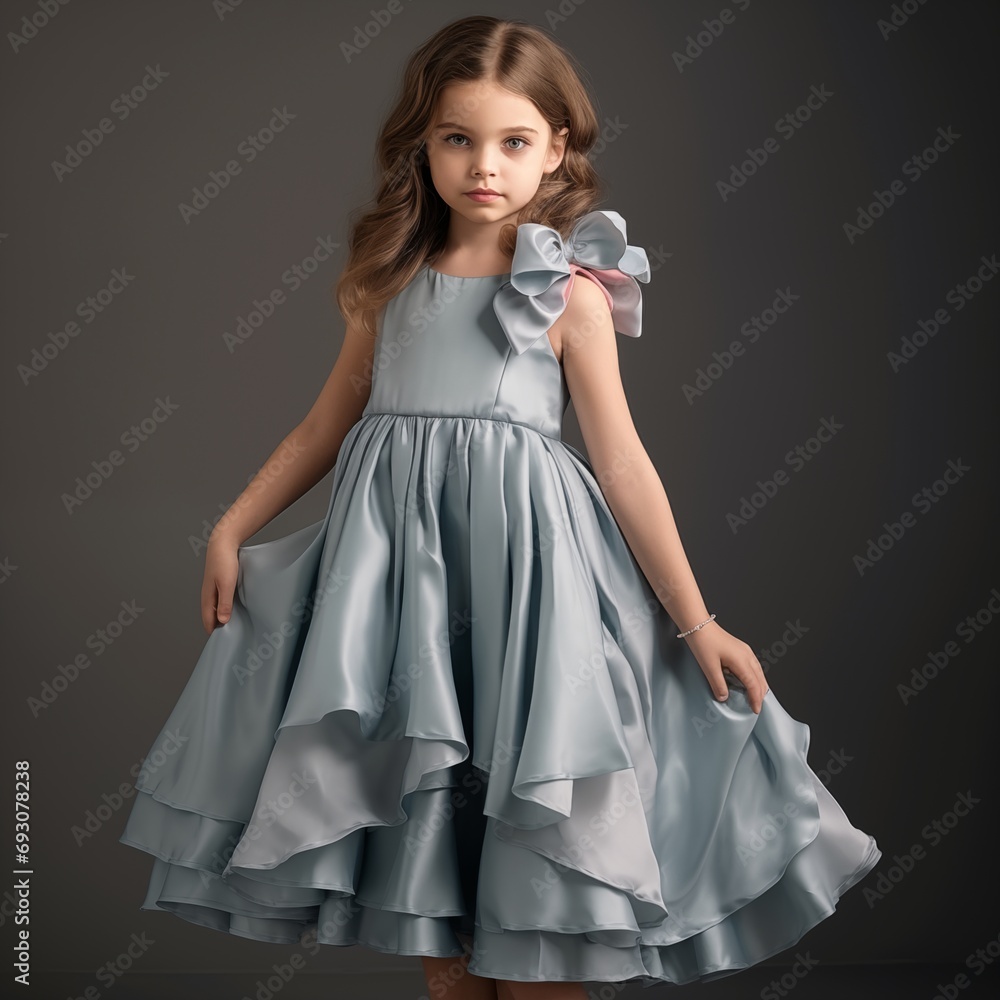 Beautiful little girl fashion model in silk dress on studio background ...