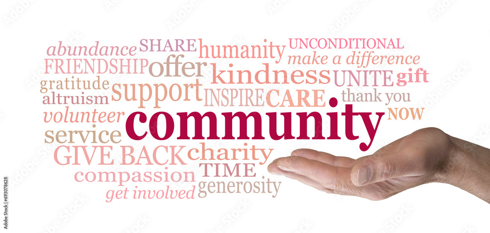 Your community needs you word cloud - male open palm hand with the word ...