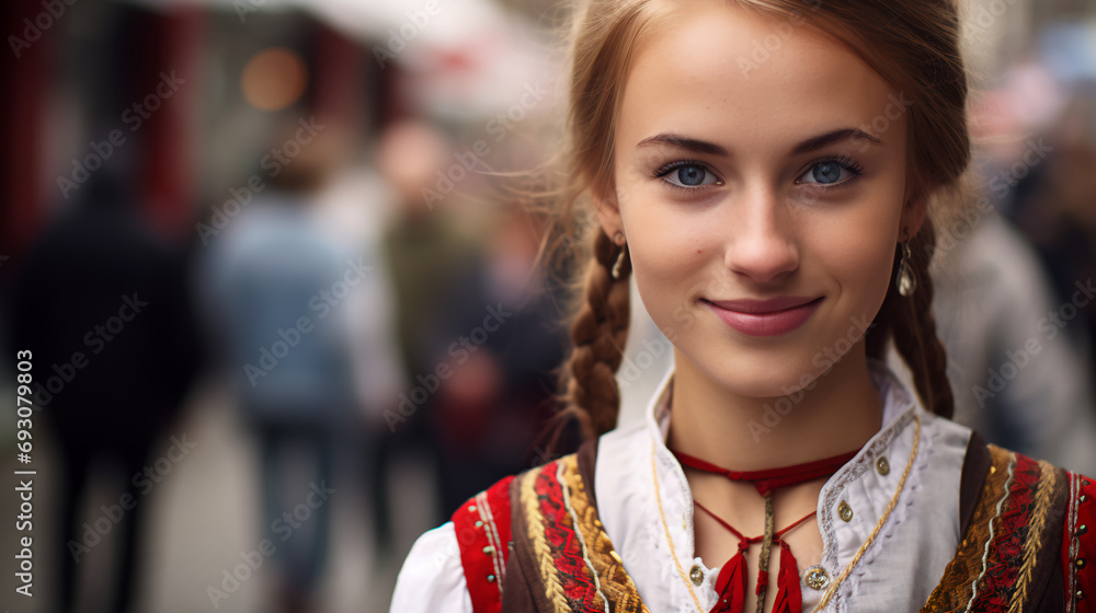 a Danish girl wearing a traditional bunad dress, celebrating Denmark's ...