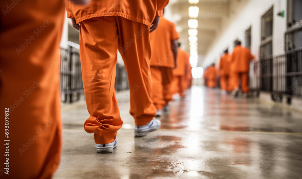 Prisoners legs in jail uniform walking along a corridor Stock ...