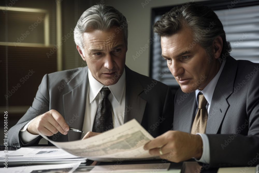 Three businessmen engage in a serious discussion, their expressions ...