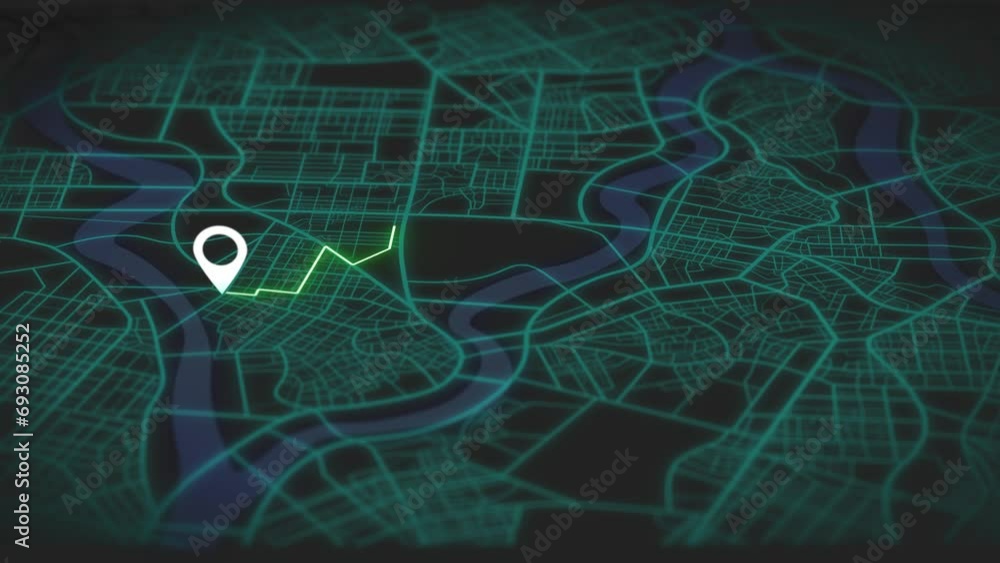 modern GPS map that shows the best car route around the city from point ...