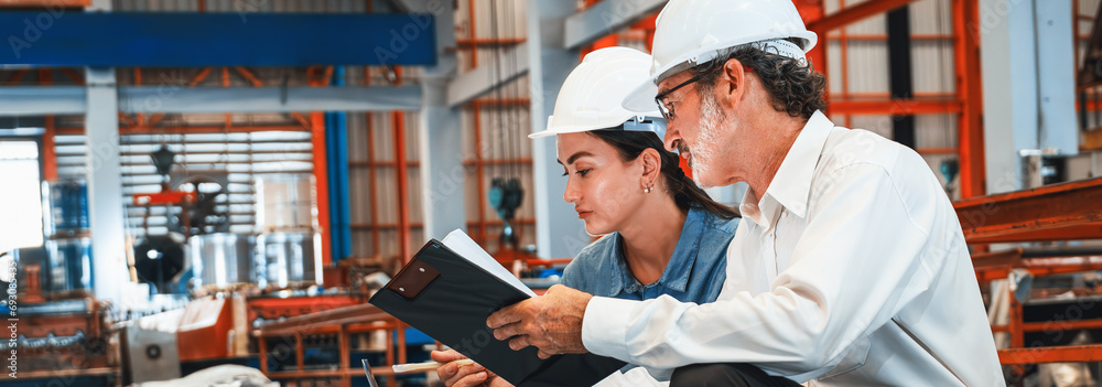 Metalwork manufacturing factory manager inspect newly manufactured ...