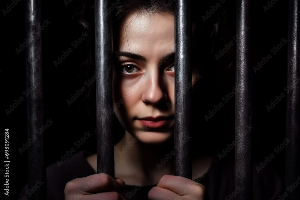 Sad woman behind bars in prison. Depression and anxiety concept Stock ...