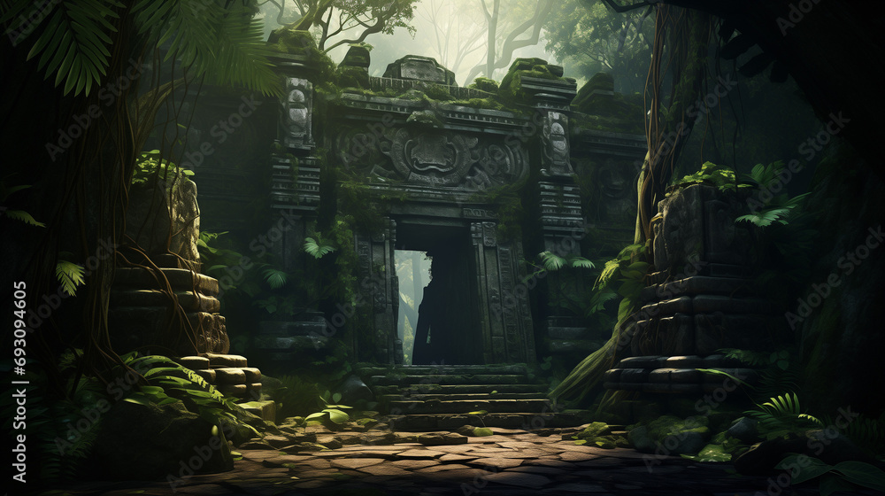 a mystical scene of an ancient stone temple entrance in a dense forest. The temple’s dark, aged ...