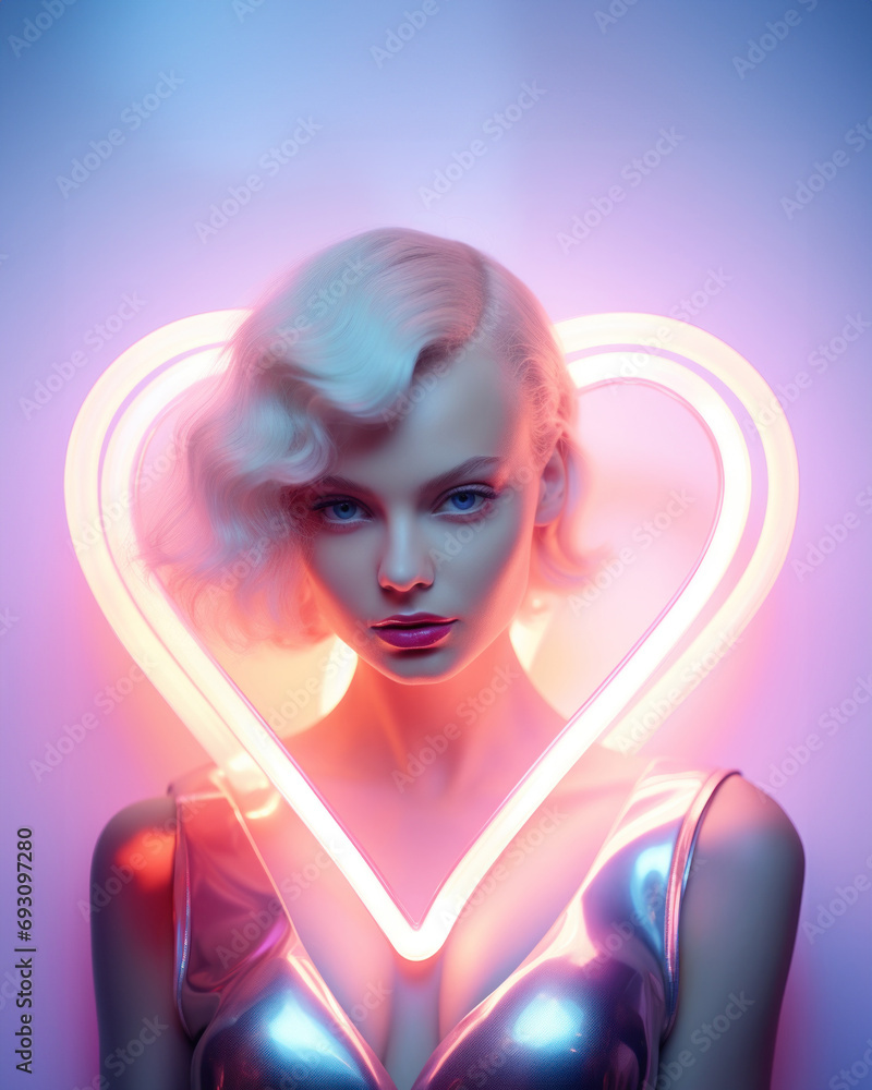 Fashion portrait of a woman with a stern look and a glowing heart ...