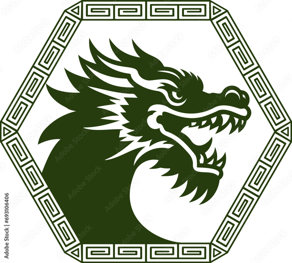 Dragon head side view inside ornamental rhombus frame. Simple shaped ...