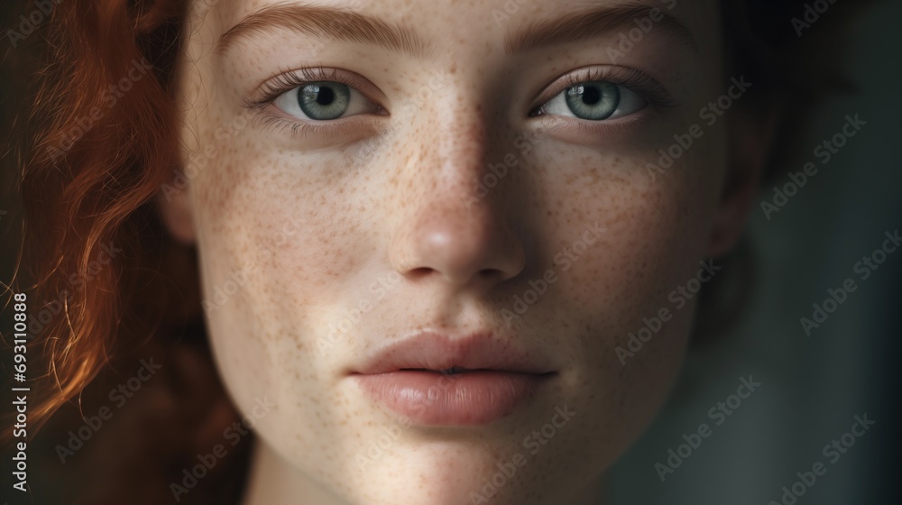 Beauty, portrait and natural face of woman with healthy freckle skin ...