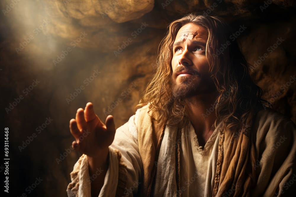 Jesus is praying in the cave with his hands raised, in the style of ...