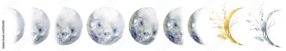 Watercolor Moon Phases set. Hand drawn clipart of lunar cycle, Black ...